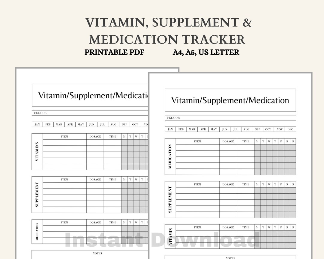 Printable Vitamin Checklist Medication Tracker, Supplement Log, Daily ...