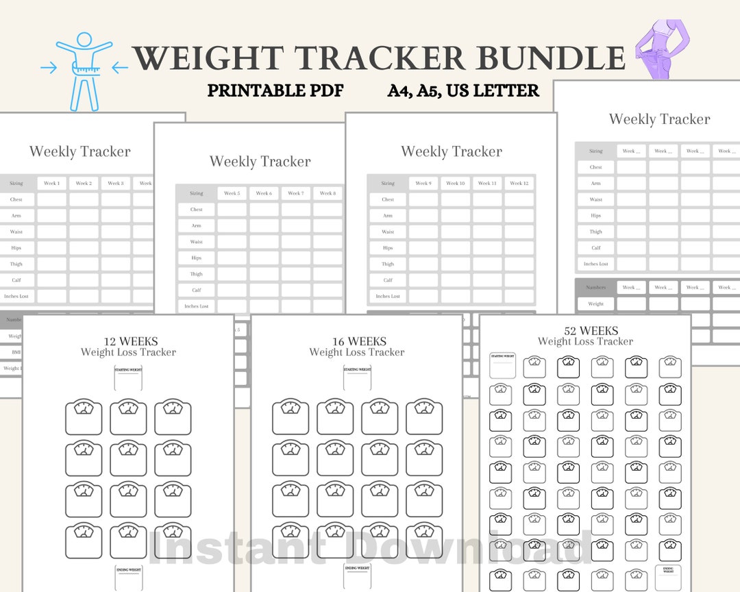 Printable Weight Loss Tracker, 12, 16, 52 Weeks, BMI & Measurements ...