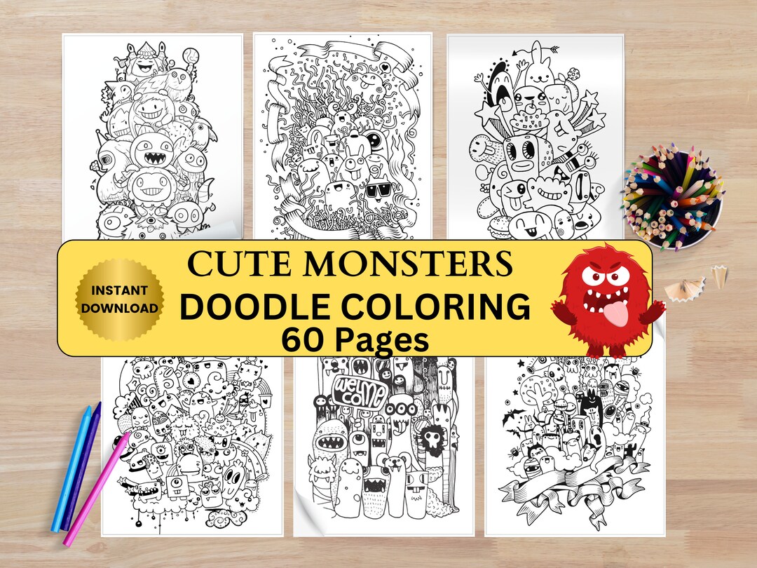 Cute Monster Doodle Coloring, 60 Printable Pages, Coloring Pages for ...