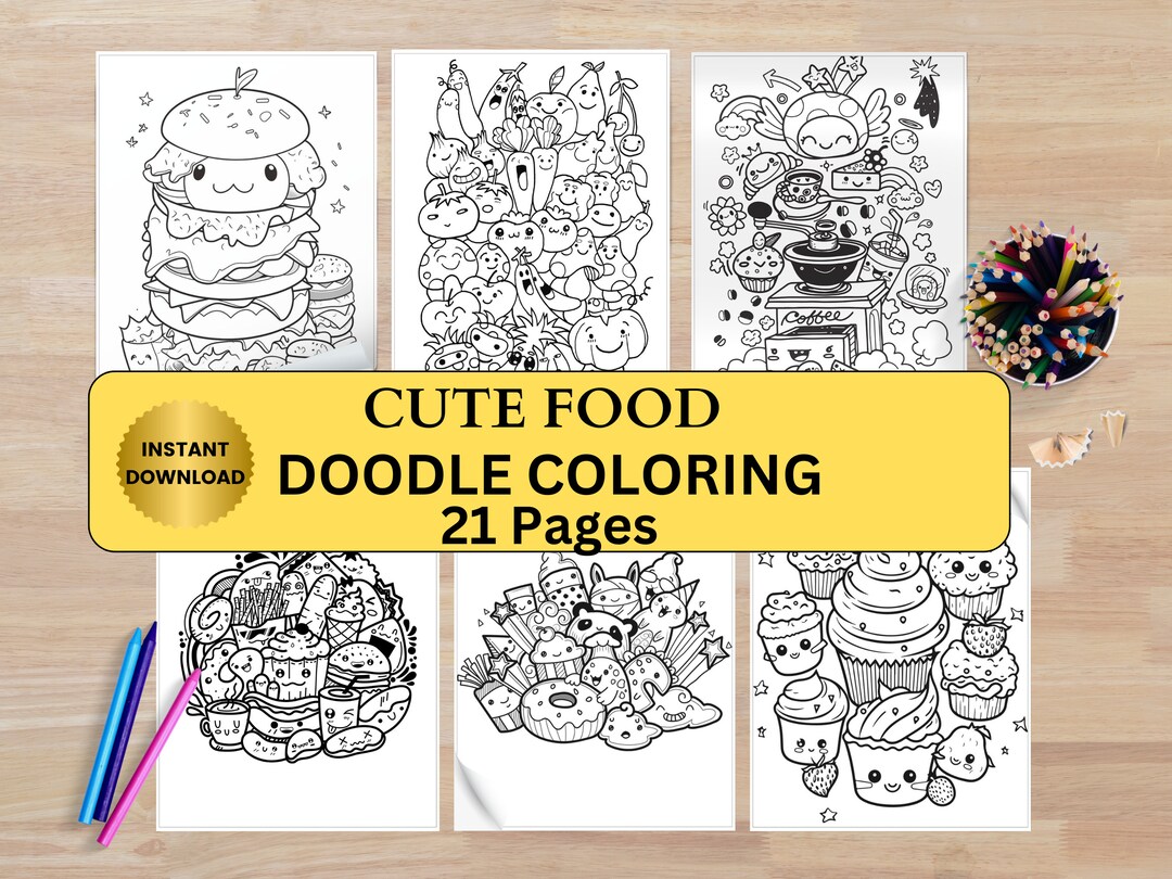 Cute Food Doodle Coloring, 21 Printable Pages, Coloring Pages for ...