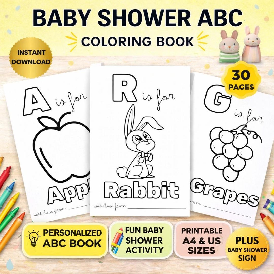 ABC Baby Shower Coloring Book Printable, Baby Shower Activity, Alphabet ...