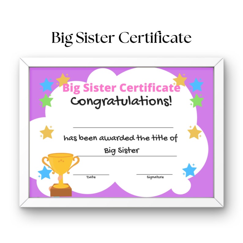 Big Sister Certificate Printable, New Sibling Gift (instant Download ...