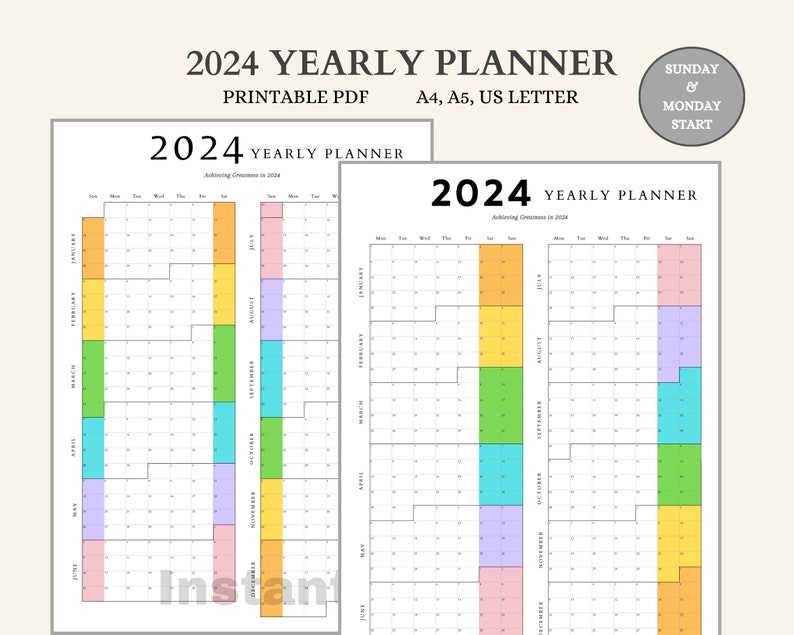 2024 Yearly Planner, Printable Year Planner on 1 Page, Goal Setting ...