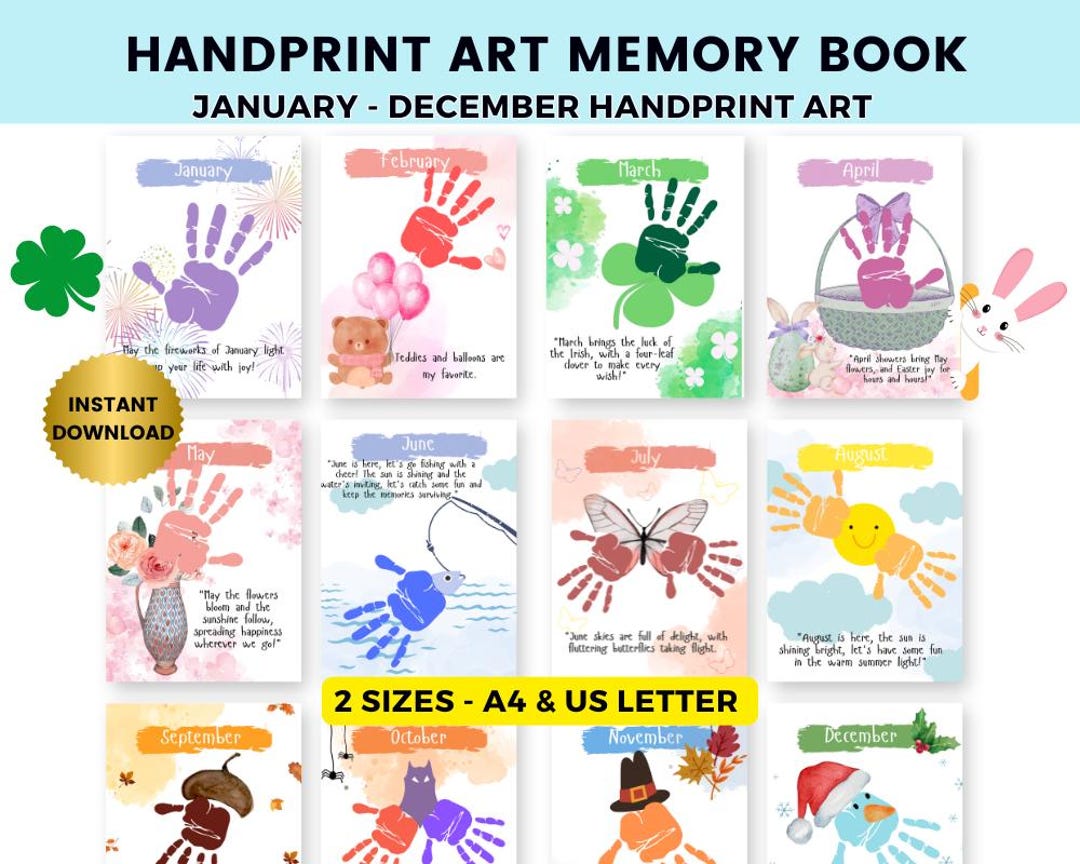Handprint Art Memory Book for 12 Months Printable Handprint Crafts for ...