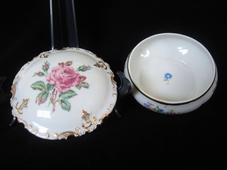 GDA France Porcelain Vanity Powder Trinket Bowl- Pink Rose in Lid ...