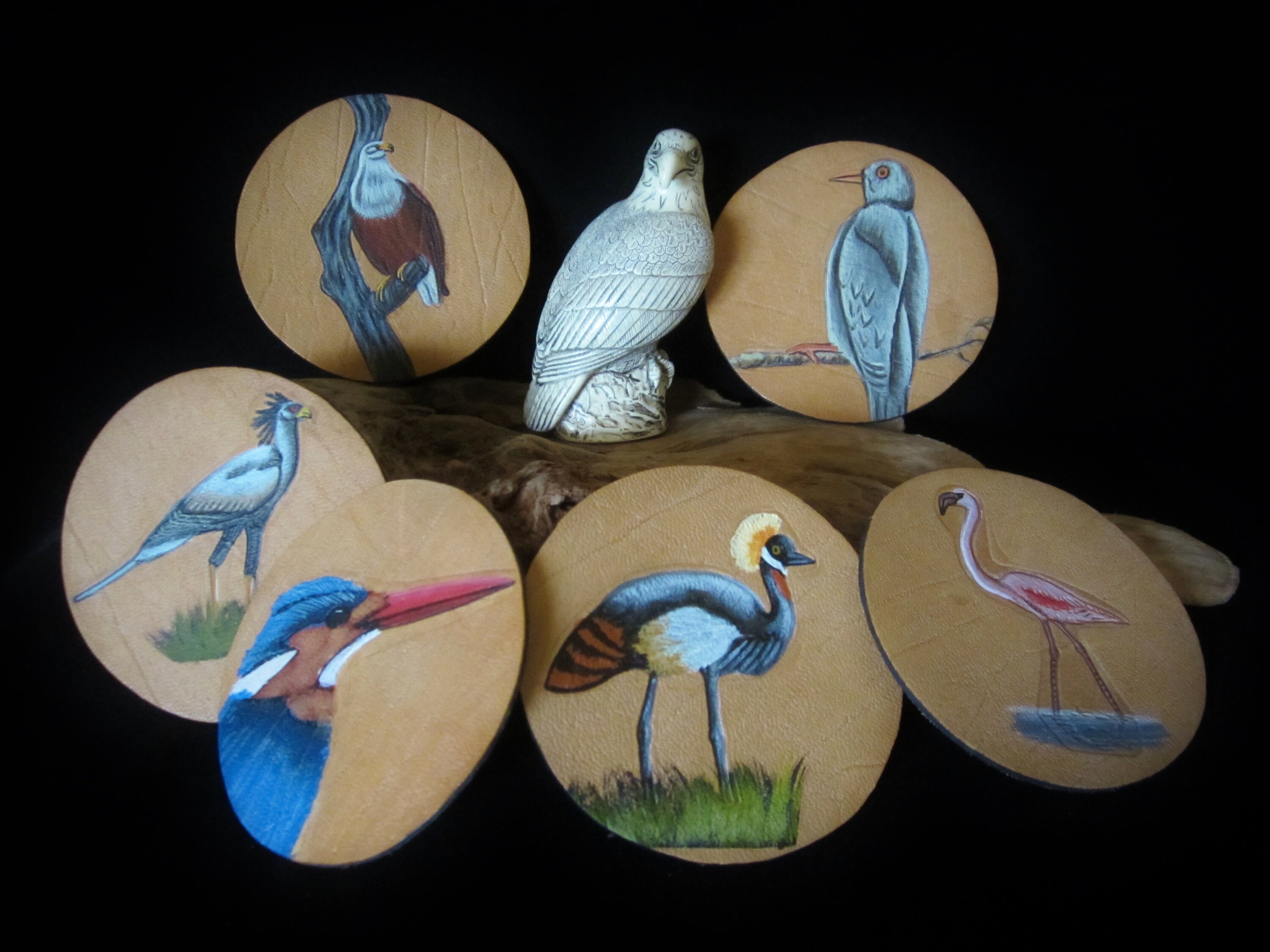 Round Leather Coasters With Exotic Birds Hand Tooled and Hand Painted ...