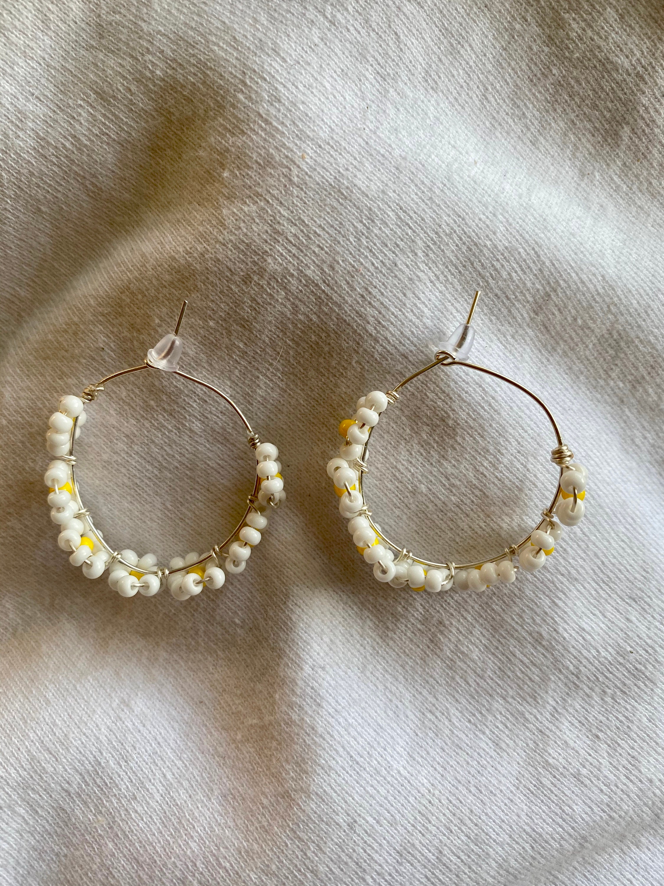 Beaded Daisy Flower Hoop Earrings Etsy