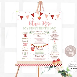 Editable Strawberry Milestone Poster Template Birthday Facts Berry ...