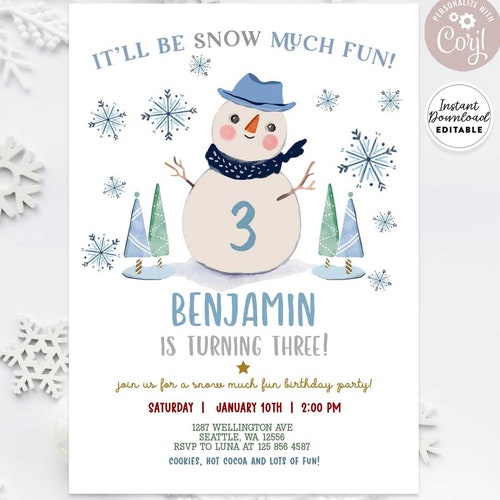 Editable ANY AGE Boy Winter Birthday Invitation Snow Much Fun - Etsy