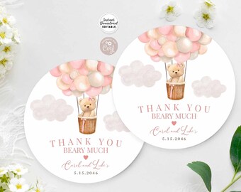 Editable Pink Girl Teddy Bear Thank You Round Tag Sticker - Etsy