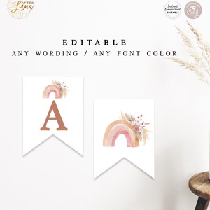 Editable Boho Rainbow Pennant Banner Pink Pampas Grass One Birthday ...