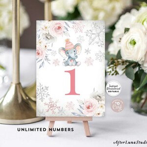 Editable Winter Pink Elephant Table Number 5x7 Baby Shower Sprinkle ...