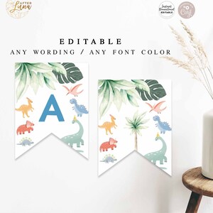 Editable Dino Pennant Banner Blue Boy Three Rex T Rex Dinosaur Birthday ...