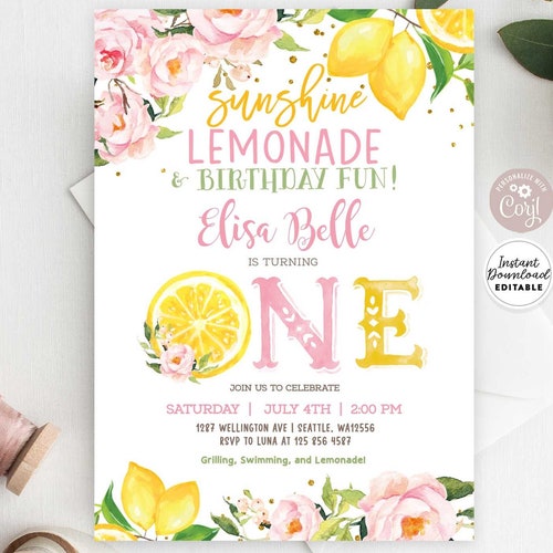 Editable Lemonade First Birthday Invitation Pink Lemon - Etsy