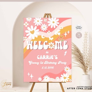 Editable ANY AGE Pink Peach Groovy Party Decor Welcome Sign Daisy TWO ...