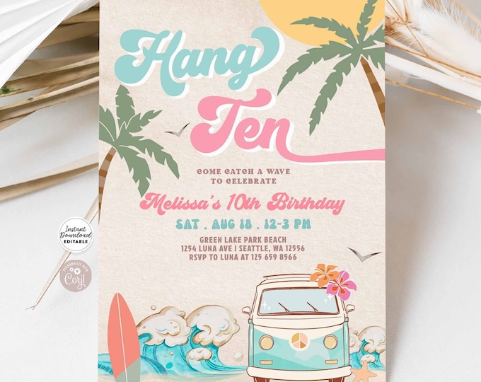 Editable Girl Surfing Beach Party Birthday Invitation Surf's up ...