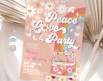 Welcome to Rainbow Groovy Sign Birthday Invite Pink Daisy Van - Etsy