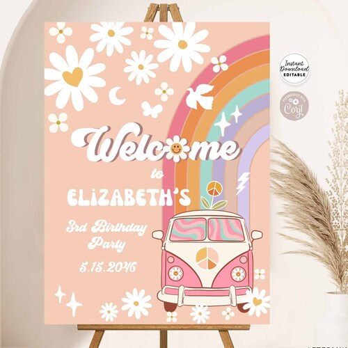 Groovy Birthday Party Decor Pink Groovy Van Daisy Young Wild - Etsy