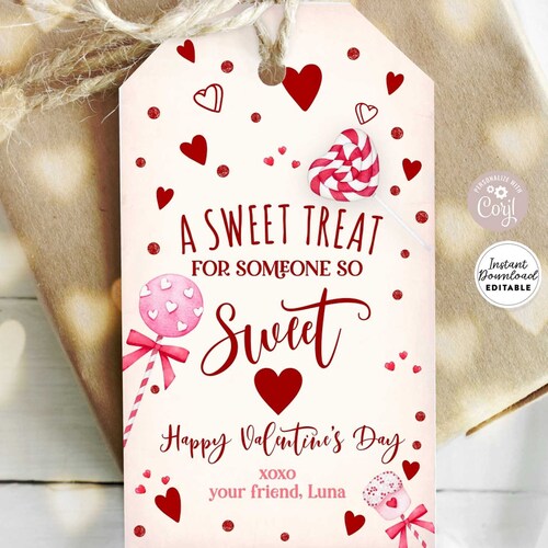 EDITABLE Valentine Sweet Treat Favor Tag Hearts Treat Bag Tag | Etsy