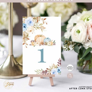 Editable Fall Blue Pumpkins Table Number Sign Boho Table Decor Baby ...