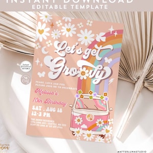 Editable ANY AGE Pink Groovy Van Daisy Rainbow Let's Get Groovy ...