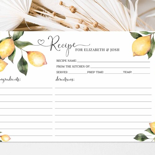 Lemon Recipe Card Template Printable Citrus Bridal Shower - Etsy