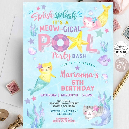 Editable Pool Party Invitation Girl Cat Mermaid Pool Party | Etsy