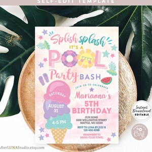 Editable Pool Party Invitation Girl Ice Cream Pool Party Invite Pool ...