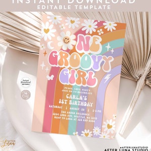 Editable One Groovy Girl Invite Daisy Rainbow Groovy 1st Birthday ...