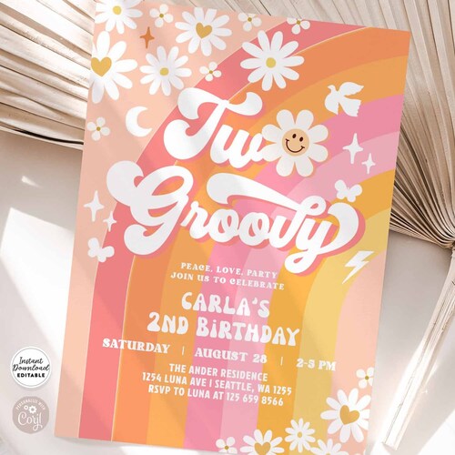 Editable TWO Groovy Birthday Invite Bright Pink Peach Two - Etsy