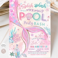 Editable Sparkle Mermaid Party Invitation Pool Girl Birthday Invite ...