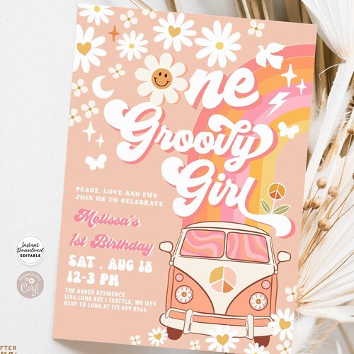 Editable ONE Groovy Girl Pink Peach Van Daisy Rainbow Groovy - Etsy