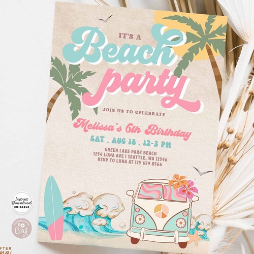 Retro Beach Party Invitation Printable Beach Birthday Invite - Etsy