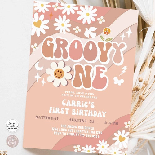 Editable One Groovy Baby Invitation Template for Hippie - Etsy Australia