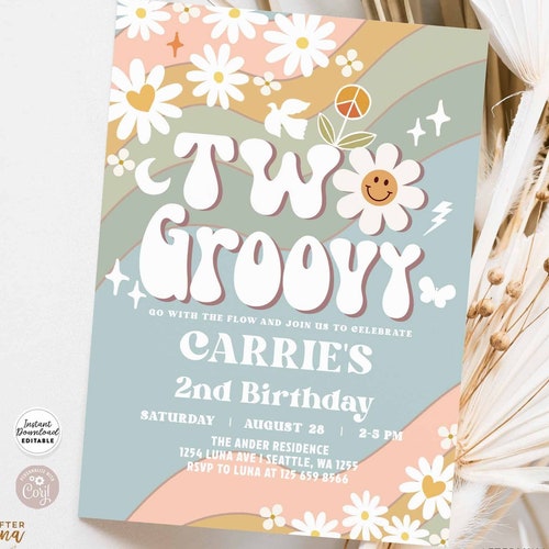Editable Two Groovy Invite Groovy 2nd Birthday Invite Pink - Etsy