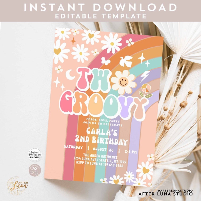 Editable TWO Groovy Invite Daisy Rainbow Groovy 2nd Birthday - Etsy
