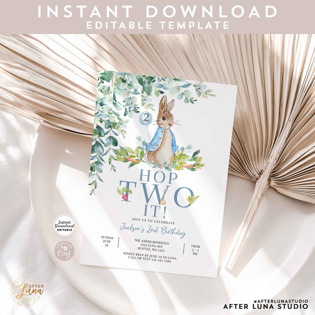 Editable Hop TWO It Peter Rabbit 2nd Birthday Invitation Boy Bunny ...