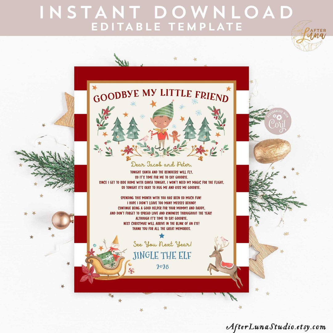 EDITABLE Boy Elf Goodbye Letter Elf Bye for Now Letter Goodbye Letter ...