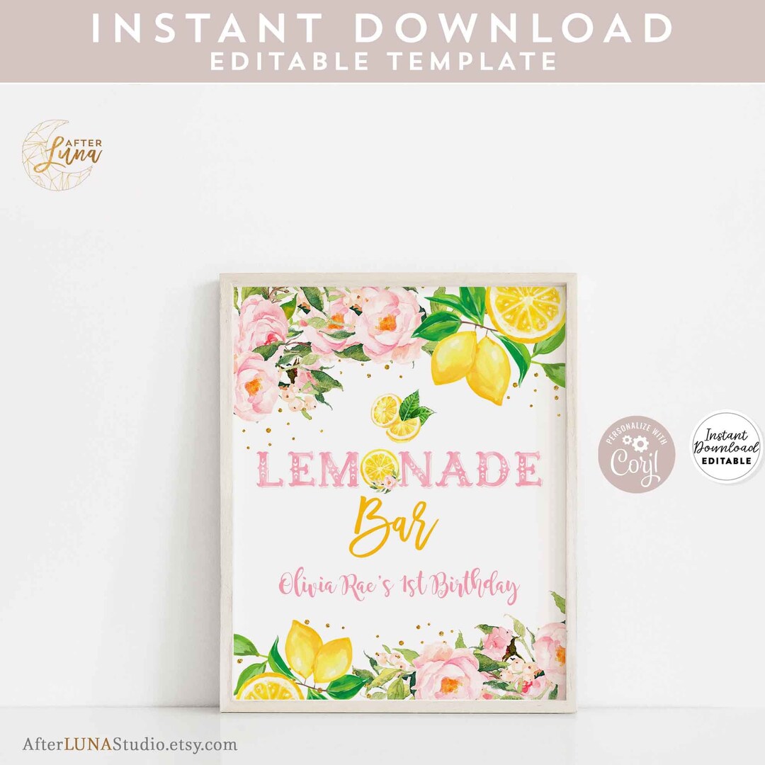 Editable 8x10" Lemon Bar Sign Girl Lemon Lemonade Birthday Blush Pink ...
