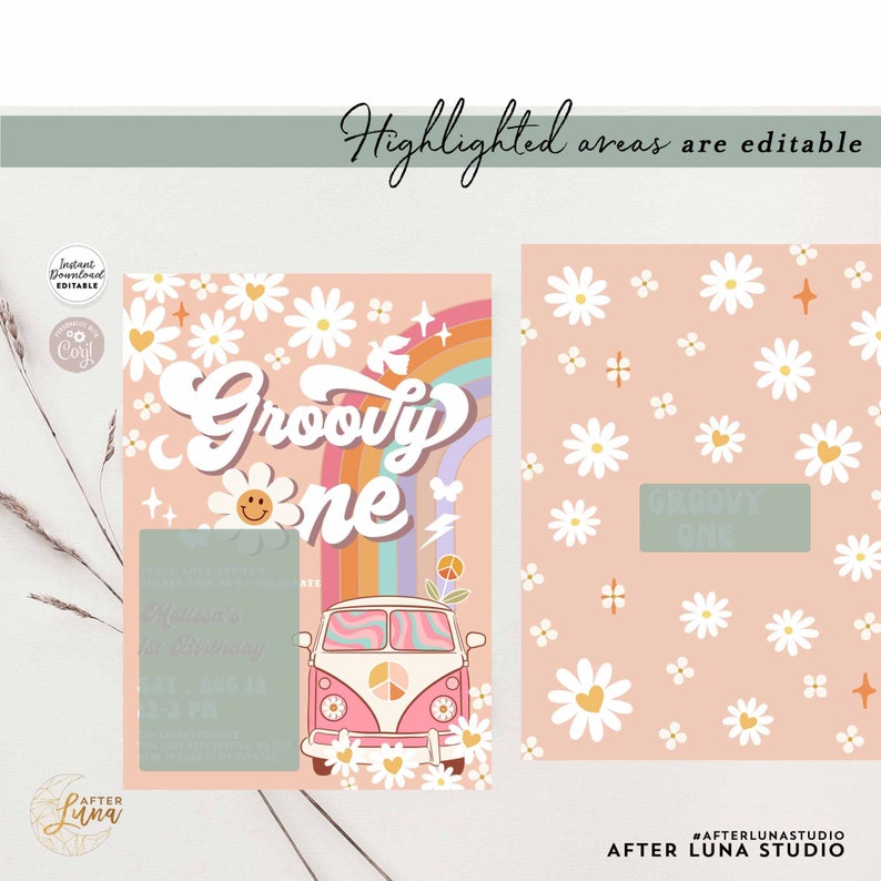 Editable Pink Daisy Rainbow Groovy Van Groovy ONE 1st Birthday - Etsy