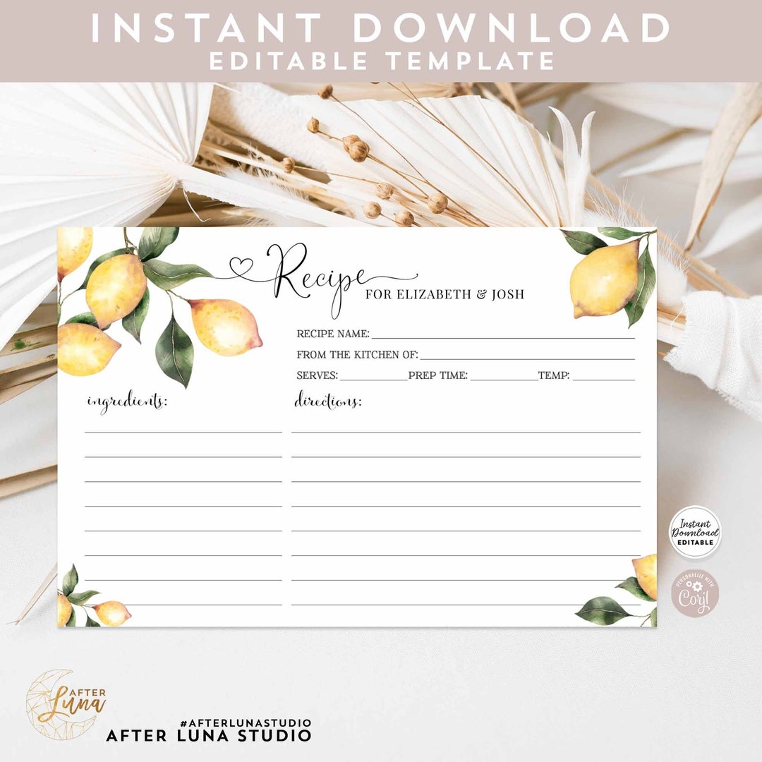 Editable Personalized Rustic Lemon Recipe Card Greenery Lemon Baby ...