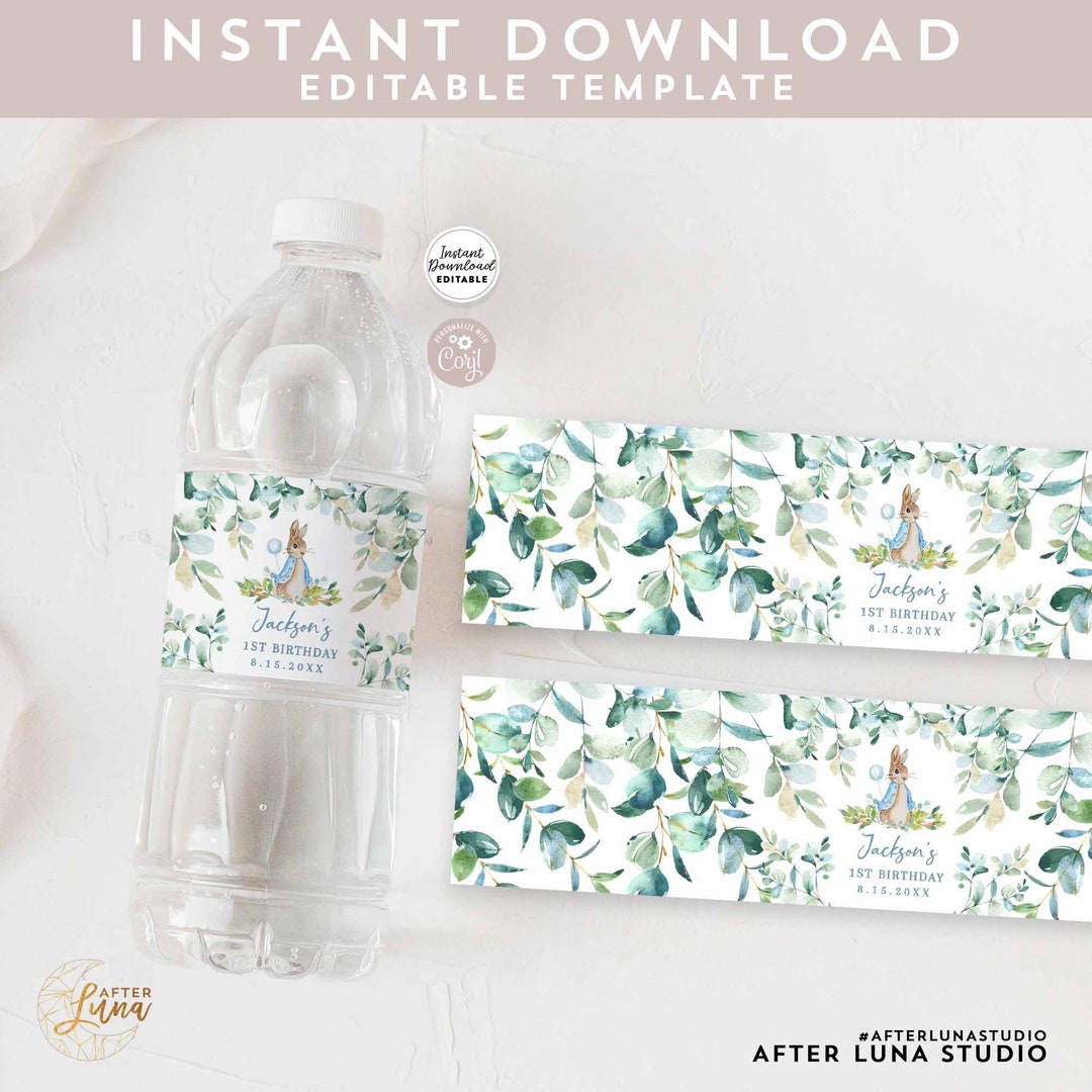 Editable Peter Rabbit Boy Birthday Baby Shower Water Bottle Label ...