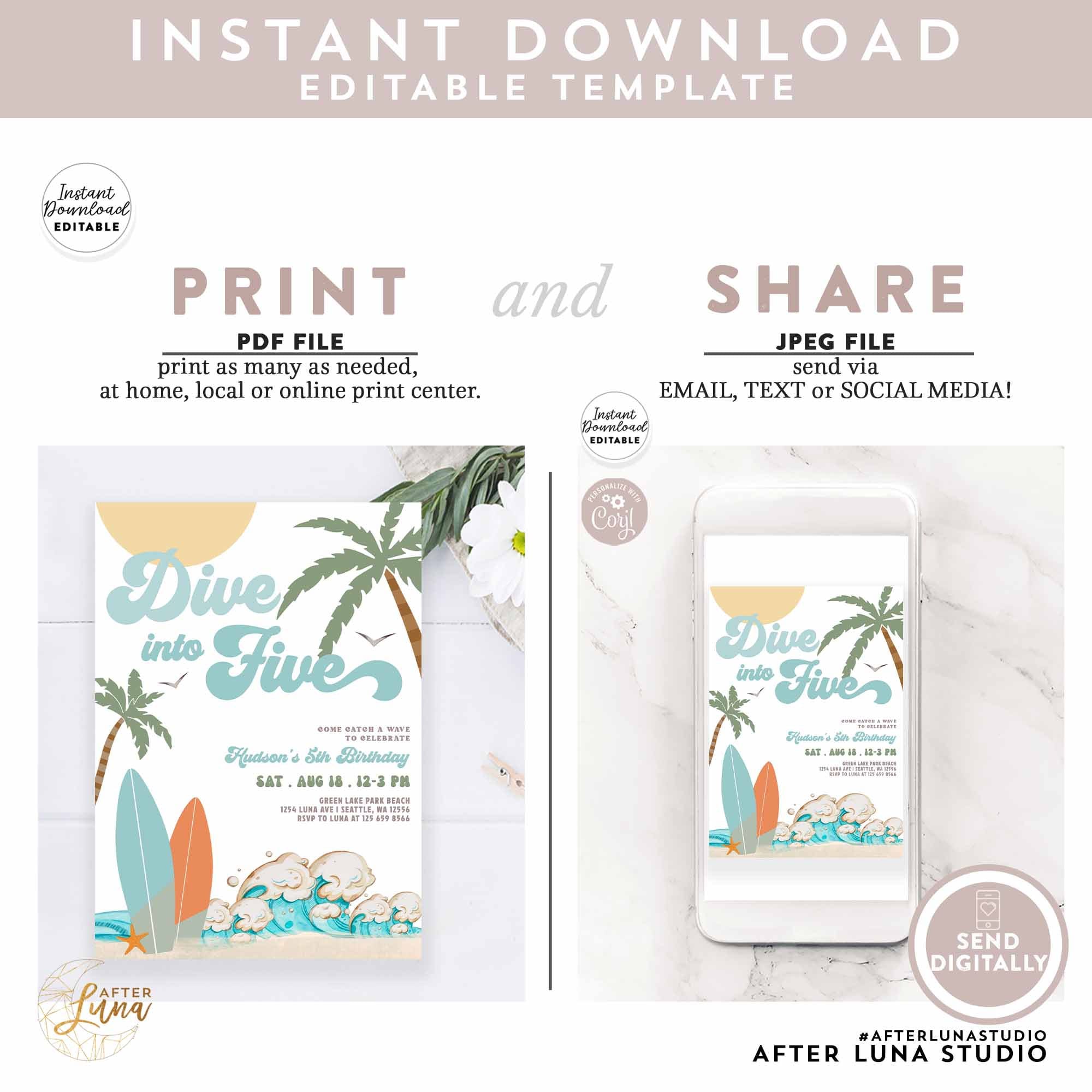 Editable Boy Dive Into Five Surfing 5th Birthday Party Invitation Retro ...