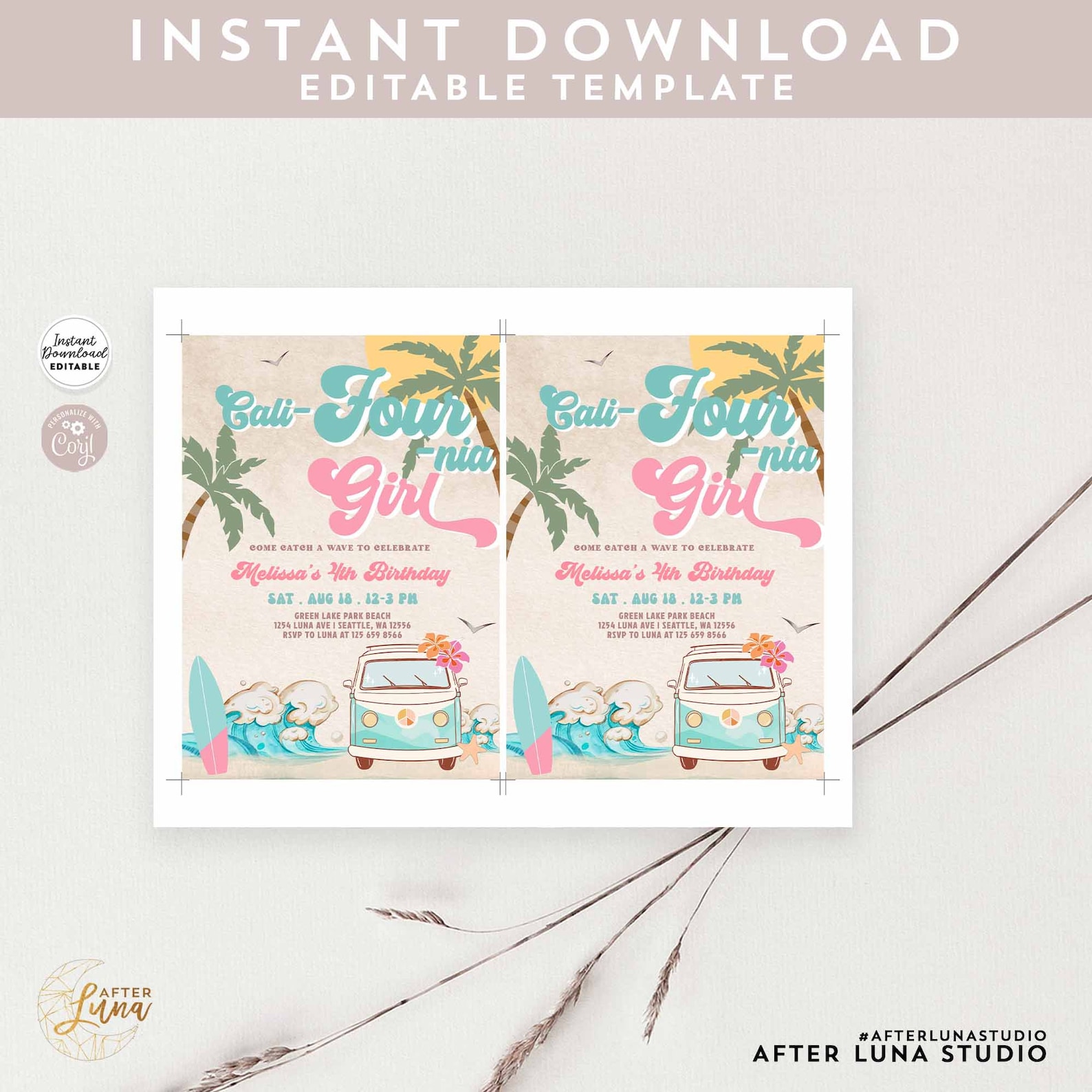 Editable Pink Mint Cali-four-nia Girl Surfing 4th Birthday Girl Surf ...
