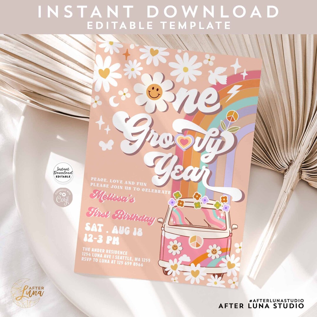 Editable Pink One Groovy Year Daisy Rainbow Groovy Van 1st Birthday ...