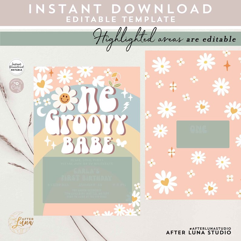 Editable Pastel Green Blue Peach ONE Groovy Babe 1st Birthday - Etsy