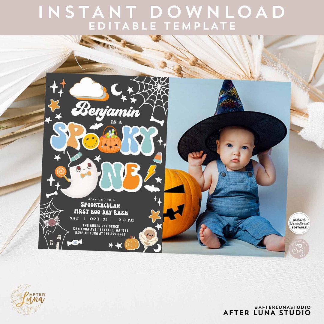 Editable Boy Spooky One Halloween Ghost Spooktacular 1st Birthday Photo ...