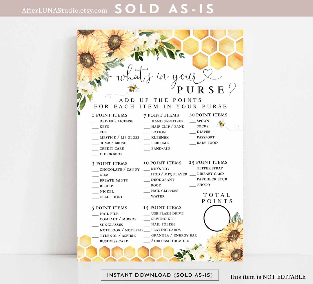 Sunflower Bee Parents to Bee Baby Shower What's in Your Purse Game ...