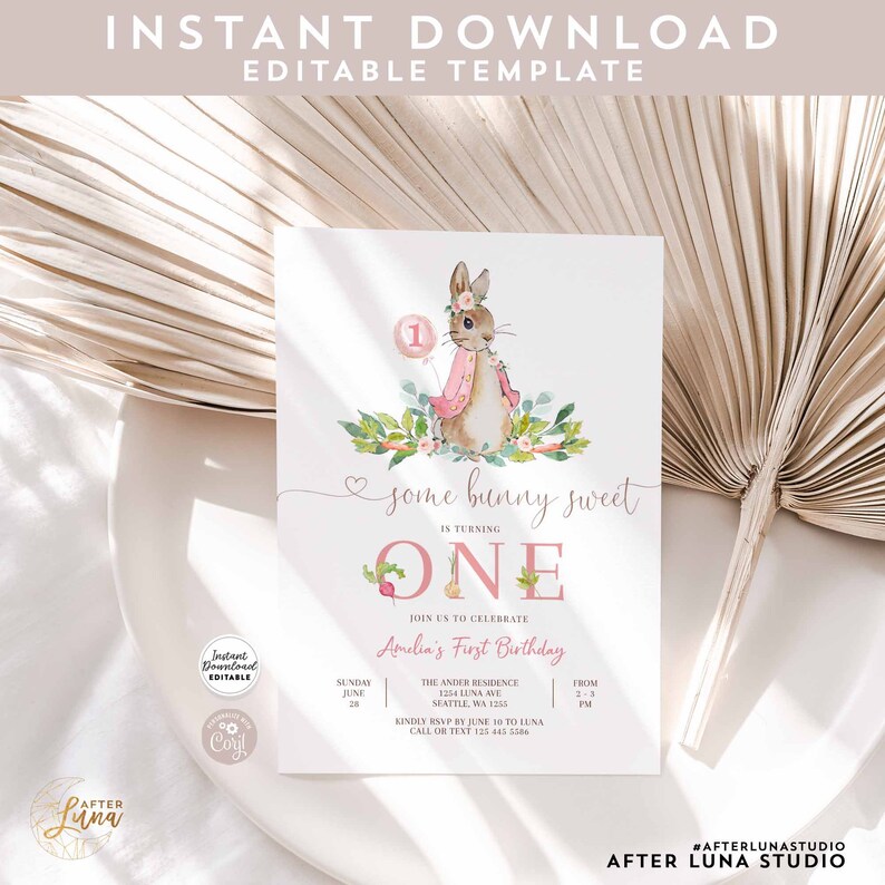 Editable Flopsy Bunny Pink Peter Rabbit Birthday Invitation - Etsy