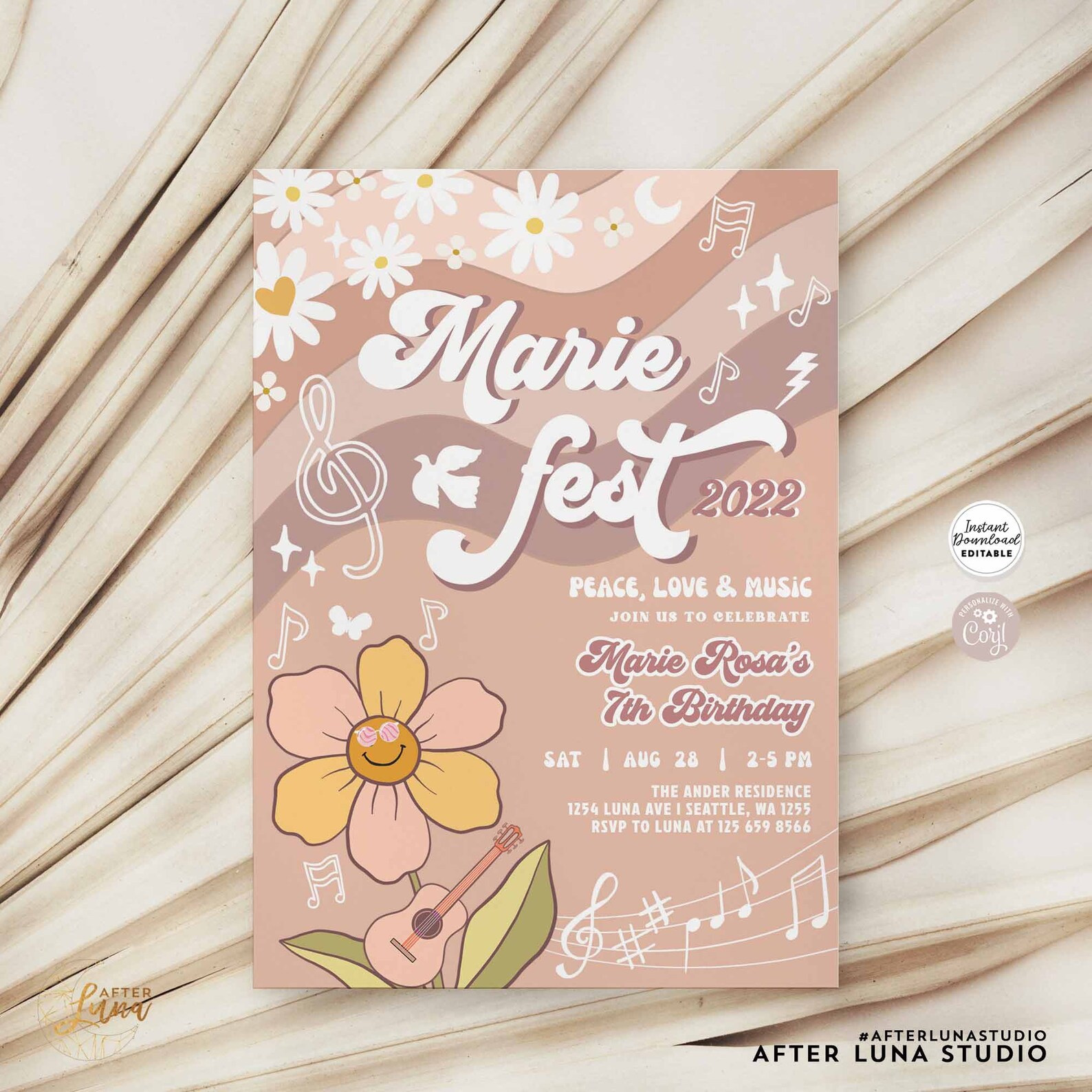 Editable Beige Music Festival Birthday Party Invitation Flower Power ...